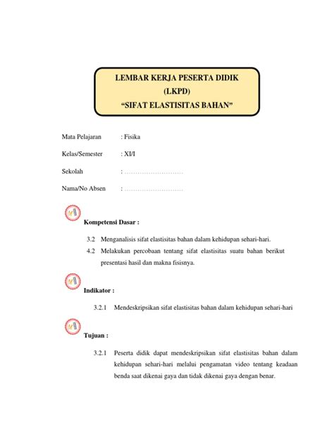 001 Lkpd Sifat Elastisitas Tegangan Regangan Modulus Elastisitas Siswa Pdf