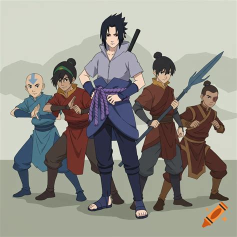 Sasuke Uchiha Stands Among Aang Toph Sokka And Zuko From Avatar The