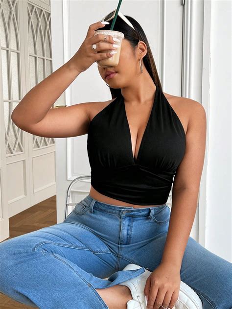 Plus Backless Crop Halter Top Crop Top Halter Moda Para Mujer Ropa