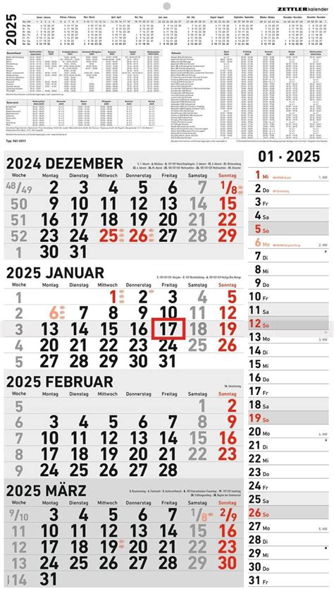 Zettler Viermonatskalender 4 Monate 1 Seite 33x59cm 2025 961 0011