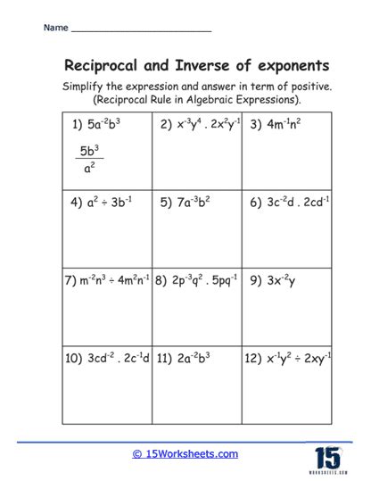 Reciprocals And Inverses Of Exponents Worksheets 15