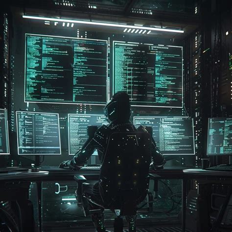Hacker In Action Multimonitor Setup With Complex Code Displays