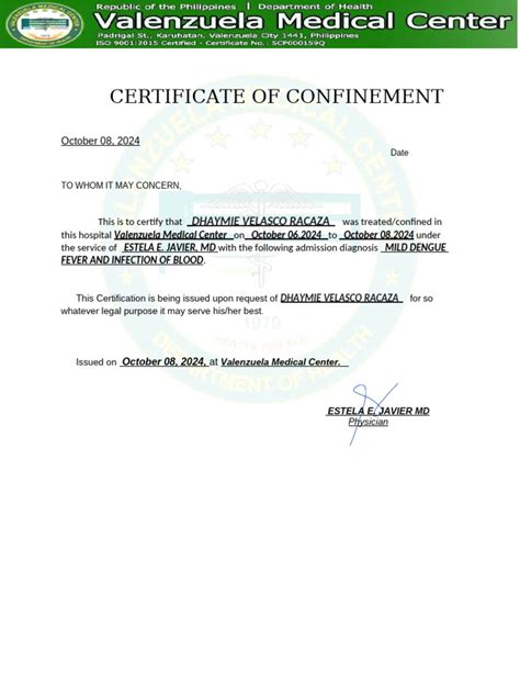 Certificate Of Confinement For Dengue Pdf