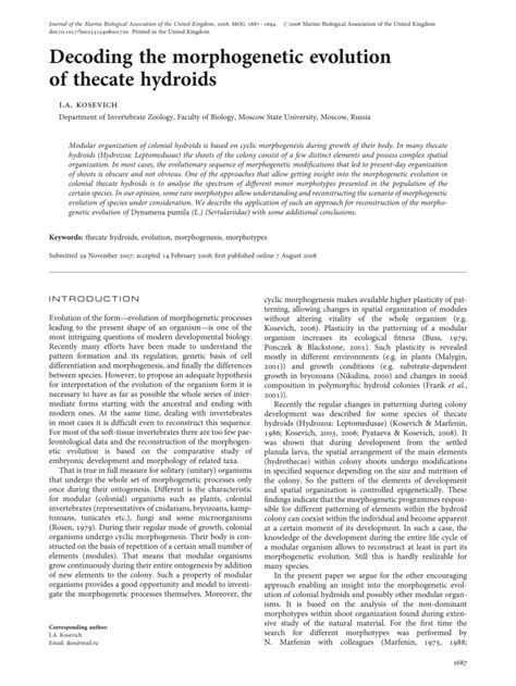 Pdf Decoding The Morphogenetic Evolution Of Thecate Hydroids