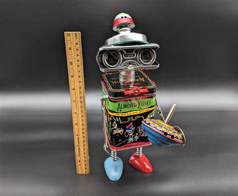 Assemblage Art Robot With Toy Tops Found Object Robot Art Repurposed Upcycle Sculpture In