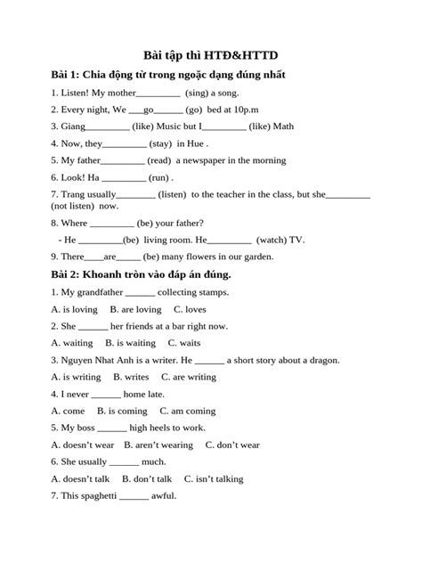 Bài Tập Thì HtĐ Httd Pdf