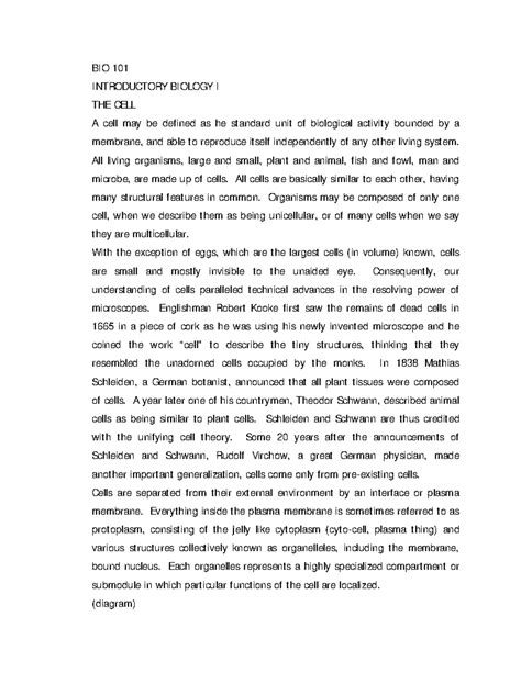 Bio 101 The Cell Bio Note Bi O 101 I Ntroductory Bi Ology I The