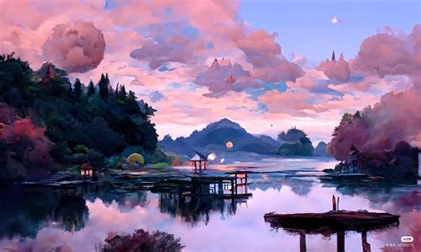 Anime Scenery Wallpaper Lake And Trees Art Wallpaper Landscape