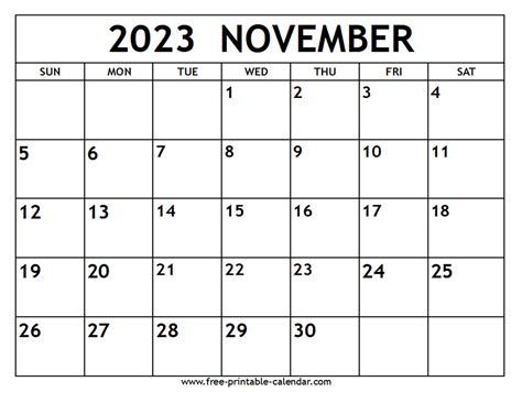 November 2023 Calendar Free Printable