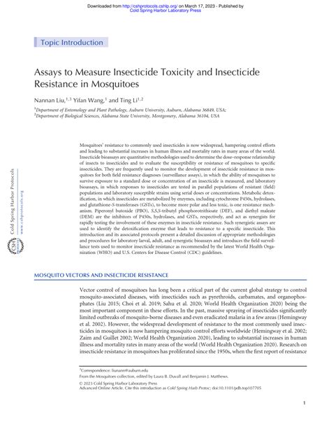 Pdf Assays To Measure Insecticide Toxicity And Insecticide Resistance