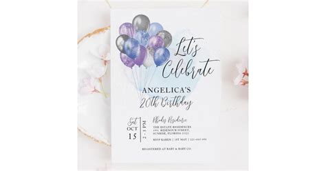 Lets Celebrate Blue Purple Gray Balloons Birthday Invitation Zazzle
