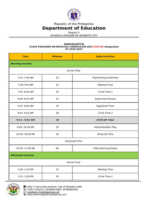 Kindergarten Program Schedule Pdf