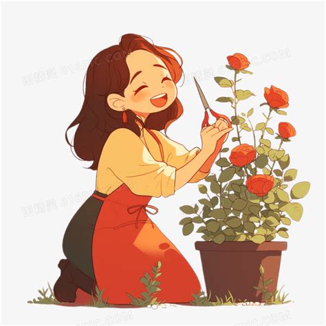 卡通女人给盆里的玫瑰剪枝免抠元素图片免费下载png素材编号1yqi6jw3k图精灵