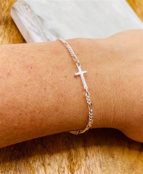 Sterling Silver Sideways Cross Bracelet Figaro Chain Dainty Cross