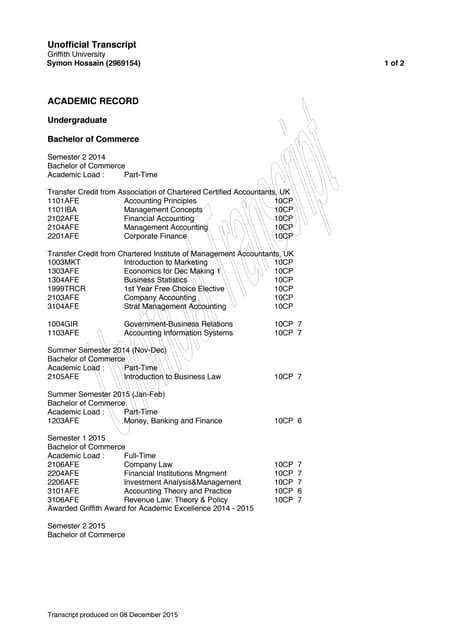 Academic Transcript Pdf