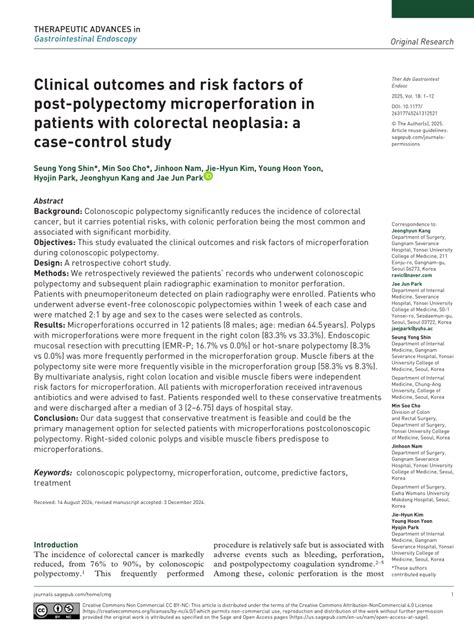 Pdf Clinical Outcomes And Risk Factors Of Post Polypectomy Microperforation In Patients With