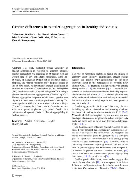 Pdf Gender Differences In Platelet Aggregation In Healthy Individuals