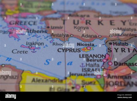 Cyprus Country Name On The Political World Map Very Macro Close Up View