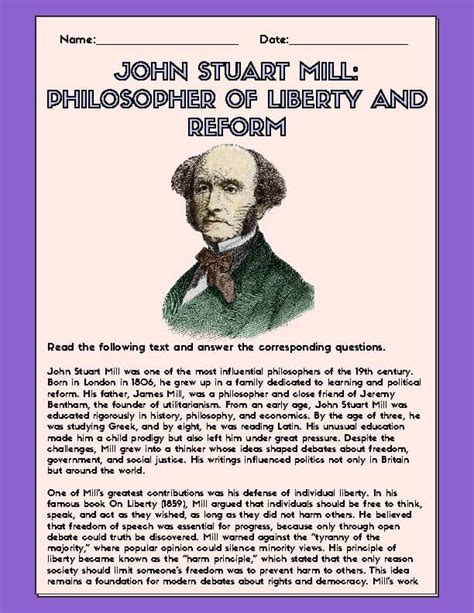 John Stuart Mill Reading Comprehension Worksheet By Historys Greatest Hits