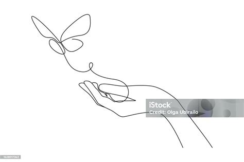 나비를 들고 있는 손의 연속적인 선 그리기 웰빙 뷰티 또는 스파 살롱 로고를 위한 아름다운 비행 나방이 단순한 선형 스타일로