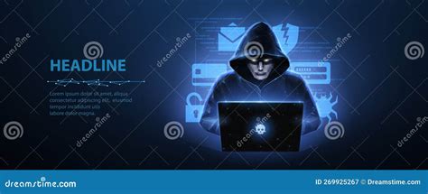 Hacker Cyber Criminal With Laptop And Related Icons Behind It Cyber