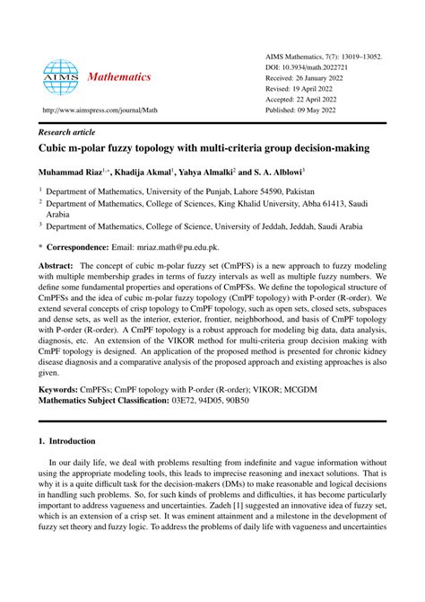 Pdf Cubic M Polar Fuzzy Topology With Multi Criteria Group Decision Making