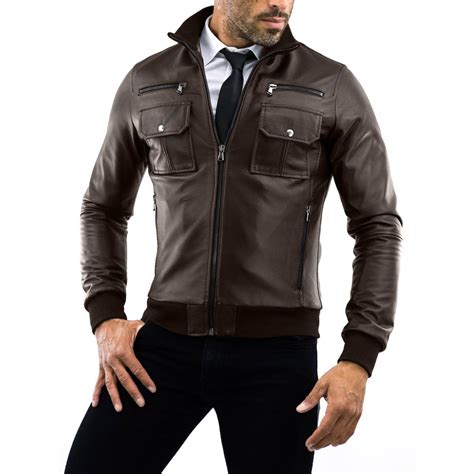 Rindway Mens Brown Genuine Leather Bomber Jacket With Six Pockets Etsy