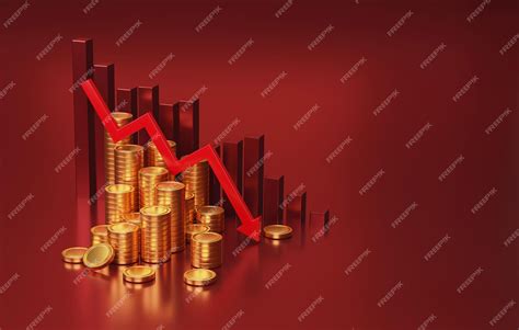Premium Photo Red Arrow Pointing Down With Declining Bar Graph And Coin On Red Background