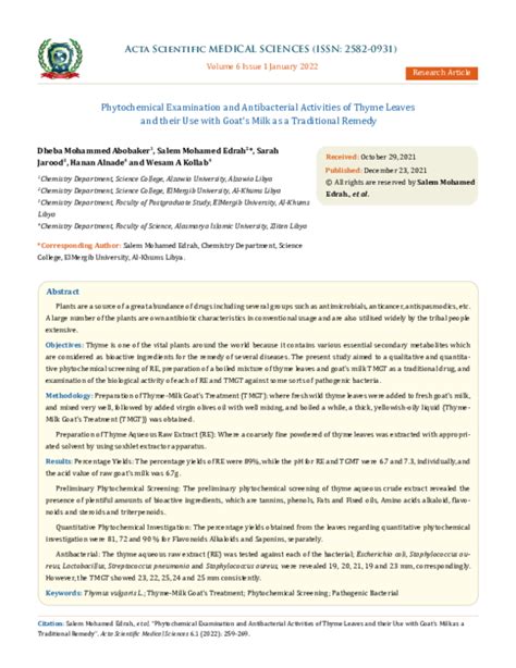 Pdf Phytochemical Examination And Antibacterial Activities Of Thyme
