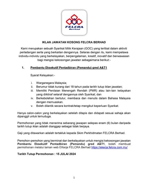 Iklan Jawatan Felcra Berhad • Kerja Kosong Kerajaan And Swasta