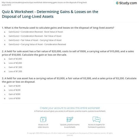 Quiz And Worksheet Determining Gains And Losses On The Disposal Of Long