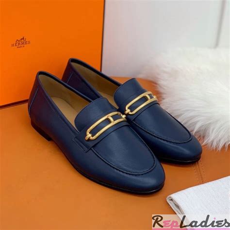 Hermes Colette Calfskin Loafers With Roulis Buckle Navy Blue 2021
