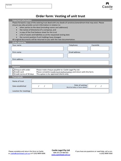 Fillable Online Order Form Vesting Of Unit Trust Castle Legal Fax