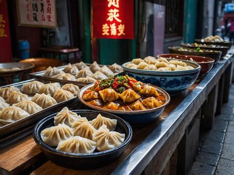 Chinese Food Street Stall With Assorted Dumplings Premium Ai