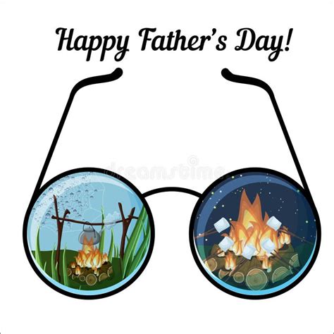 Happy Father Day Greeting Card Template With Glasses And Day And Night Camping Landscapes Stock