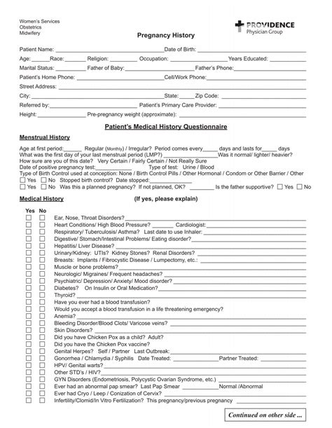 Pregnancy History Patients Medical History Questionnaire
