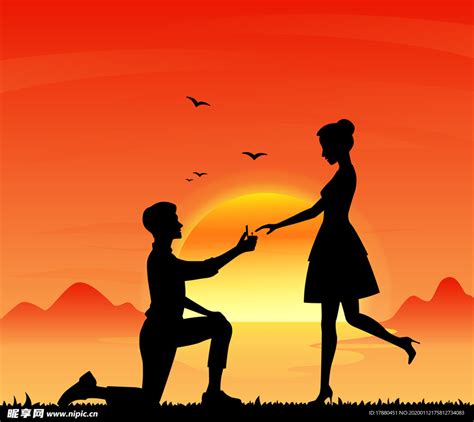 创意夕阳下的求婚男女剪影设计图 生活人物 人物图库 设计图库 昵享网nipic Cn