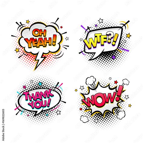 Comic speech bubbles and splashes set with different emotions and text Wow, Oh Yeah, Thank you ...