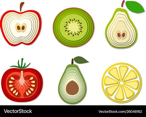 Set Paper Cut Fruits And Vegetables Cut Shapes Vector Image