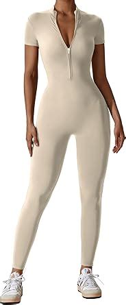 Yeoreo Women Short Sleeve Workout Jumpsuit Zip Up Romper Bottom Pants