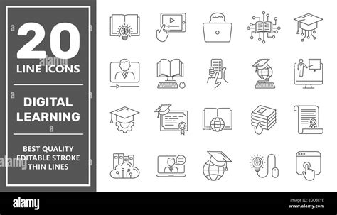 E Learning Online Education Elements Minimal Thin Line Web Icon Set
