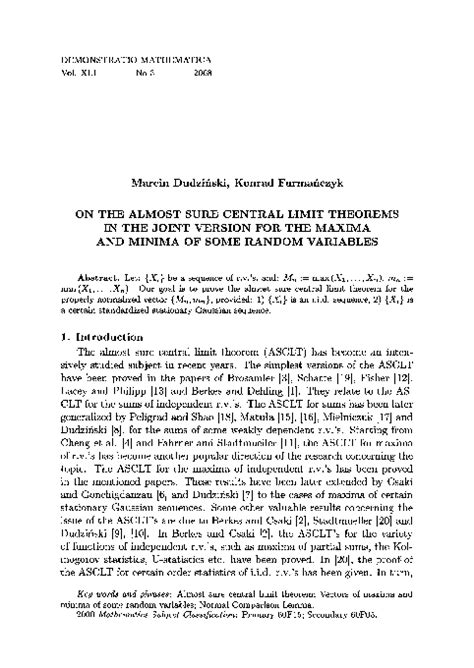 Pdf On The Almost Sure Central Limit Theorems In The Joint Version For The Maxima And Minima