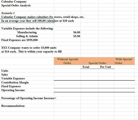 Solved Calendar Company Special Order Analysis Scenario 1