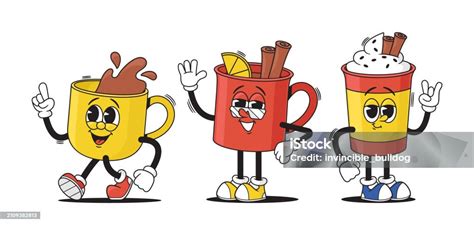 의인화된 특징이 있는 애니메이션되고 그루비한 음료 컵 차 커피 라떼 머그잔 독특한 복고풍 히피 캐릭터 만화에 대한 스톡 벡터 아트 및 기타 이미지 Istock