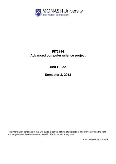 Fit3144 Advanced Computer Science Project Unit Guide Semester 2 2013