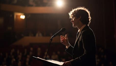 Young Public Speaker Giving Speech To The Audience In A Hall Room Premium Ai Generated Image