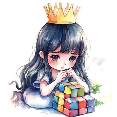Cute Anime Girl With Crown And Rubiks Cube Premium Ai Generated Image