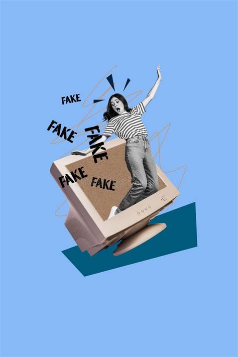 Vertical Photo Collage Of Shocked Girl Inside Pc Monitor Brainwash Mass