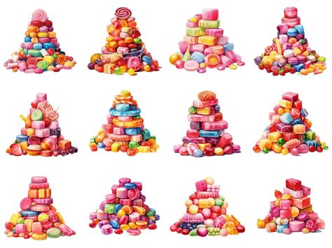 Twelve Colorful Candy Piles With Various Shapes And Flavors Premium