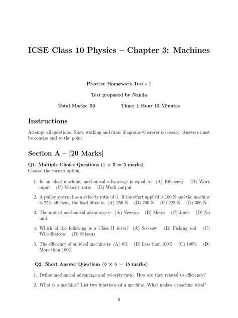 Icse Class Test 1 Machines Pdf Lever Machines